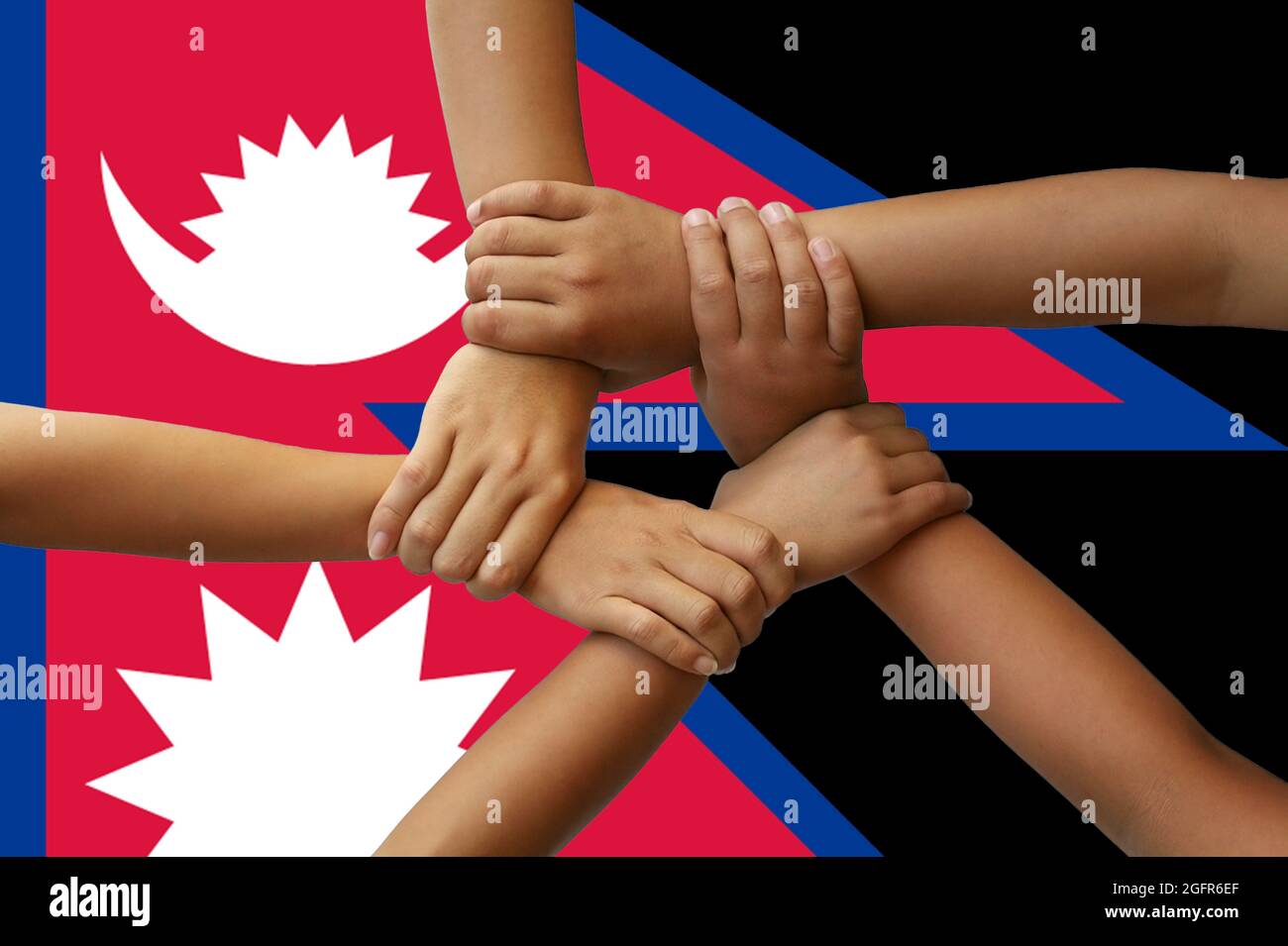 Flag of Nepal, intergration of a multicultural group of young people ...