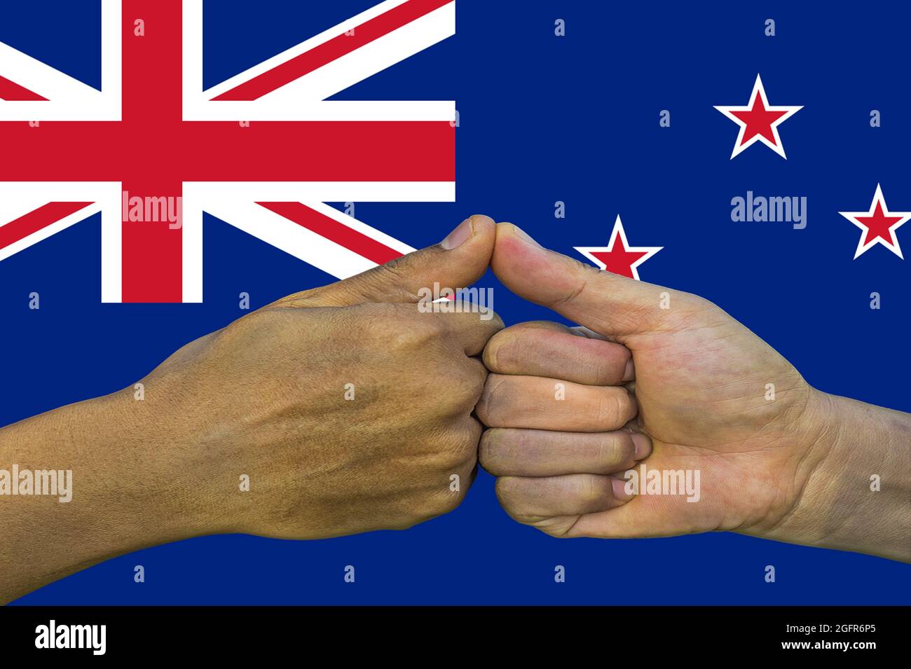 New Zealand flag, intergration of a multicultural group of young people ...