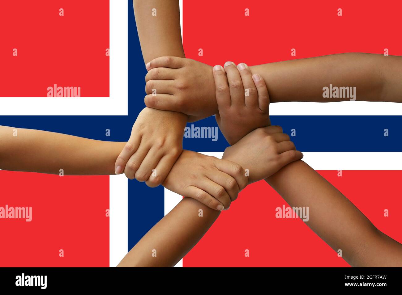 Norway flag, intergration of a multicultural group of young people ...