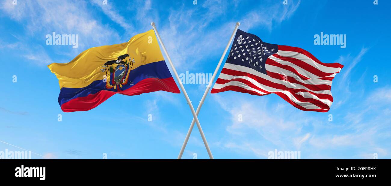 flags of USA and Ecuador waving in the wind on flagpoles against the ...