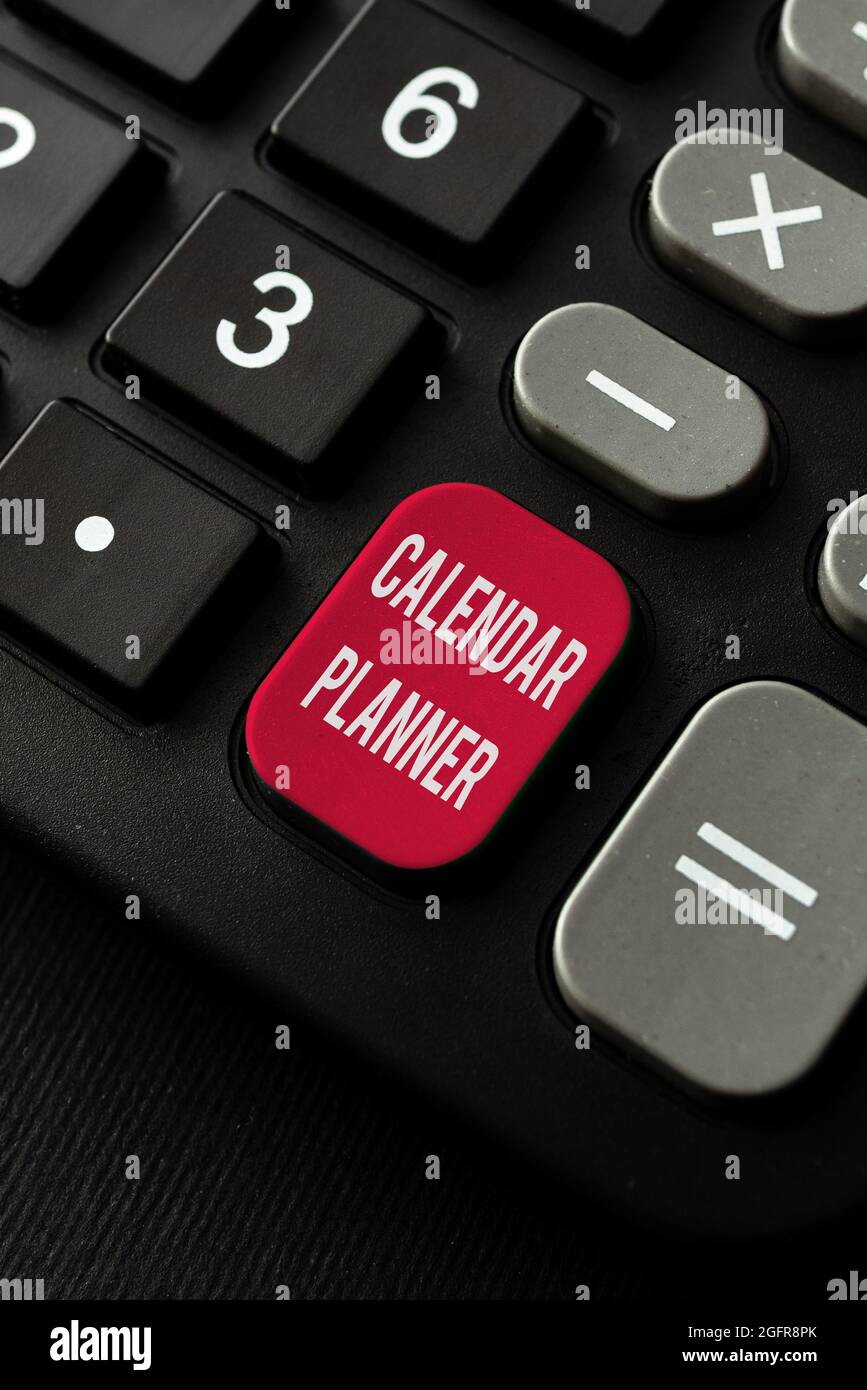 Text caption presenting Calendar Planner. Business overview schedule of ...