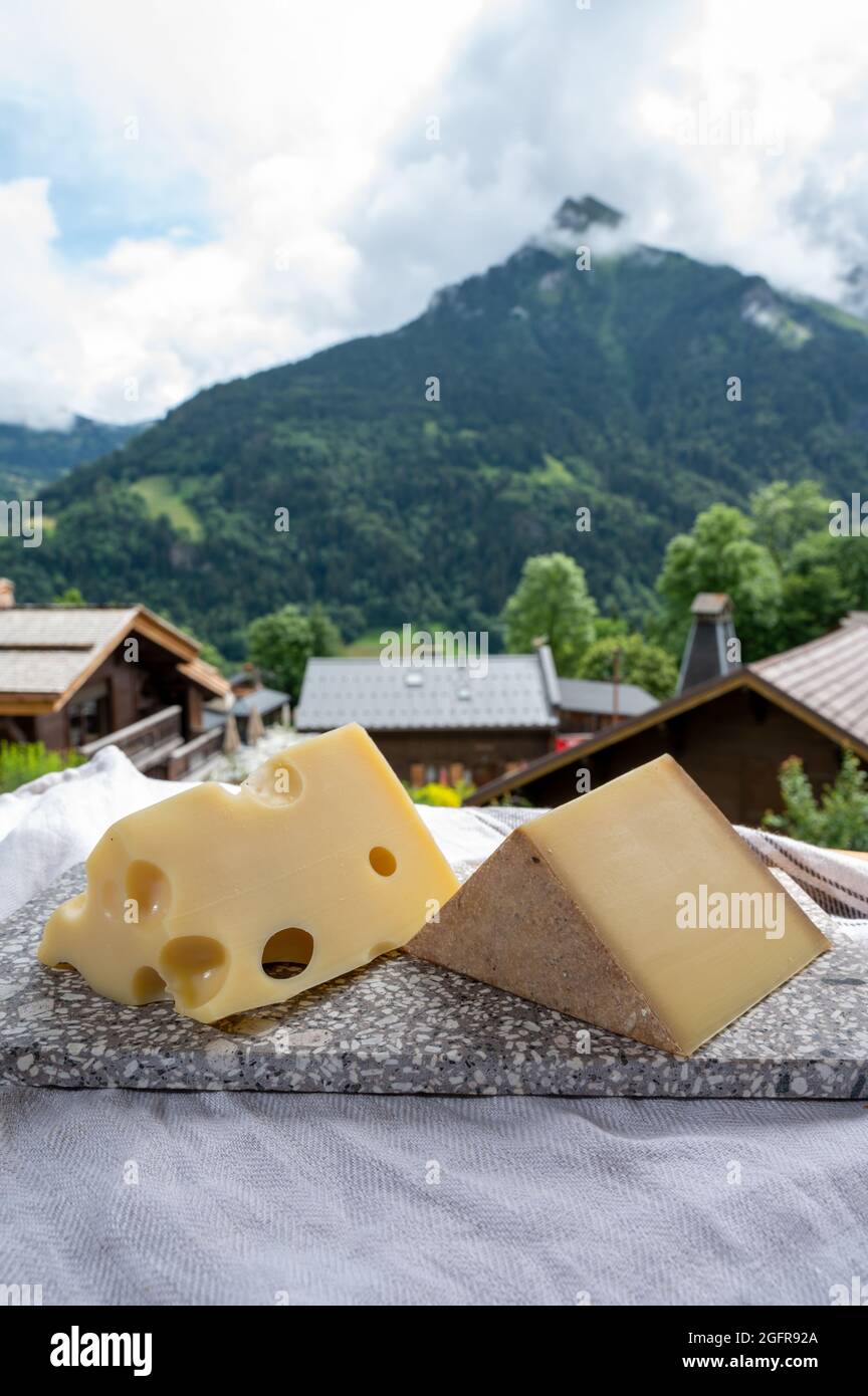 Cheese collection, Swiss cow cheese emmental and gruyere and mountains ...