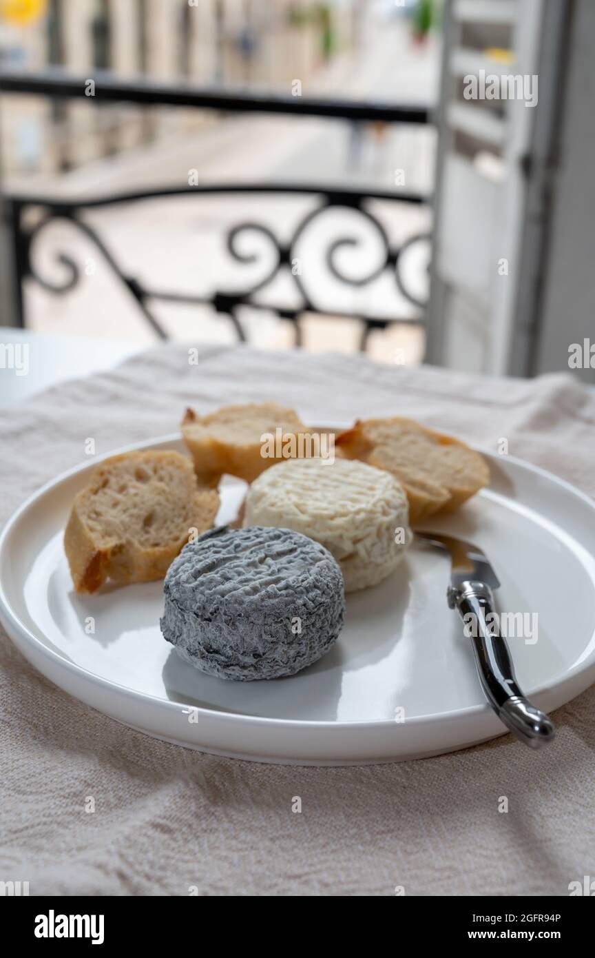 Cheese collection, french goat cheese crottin served with french bread ...