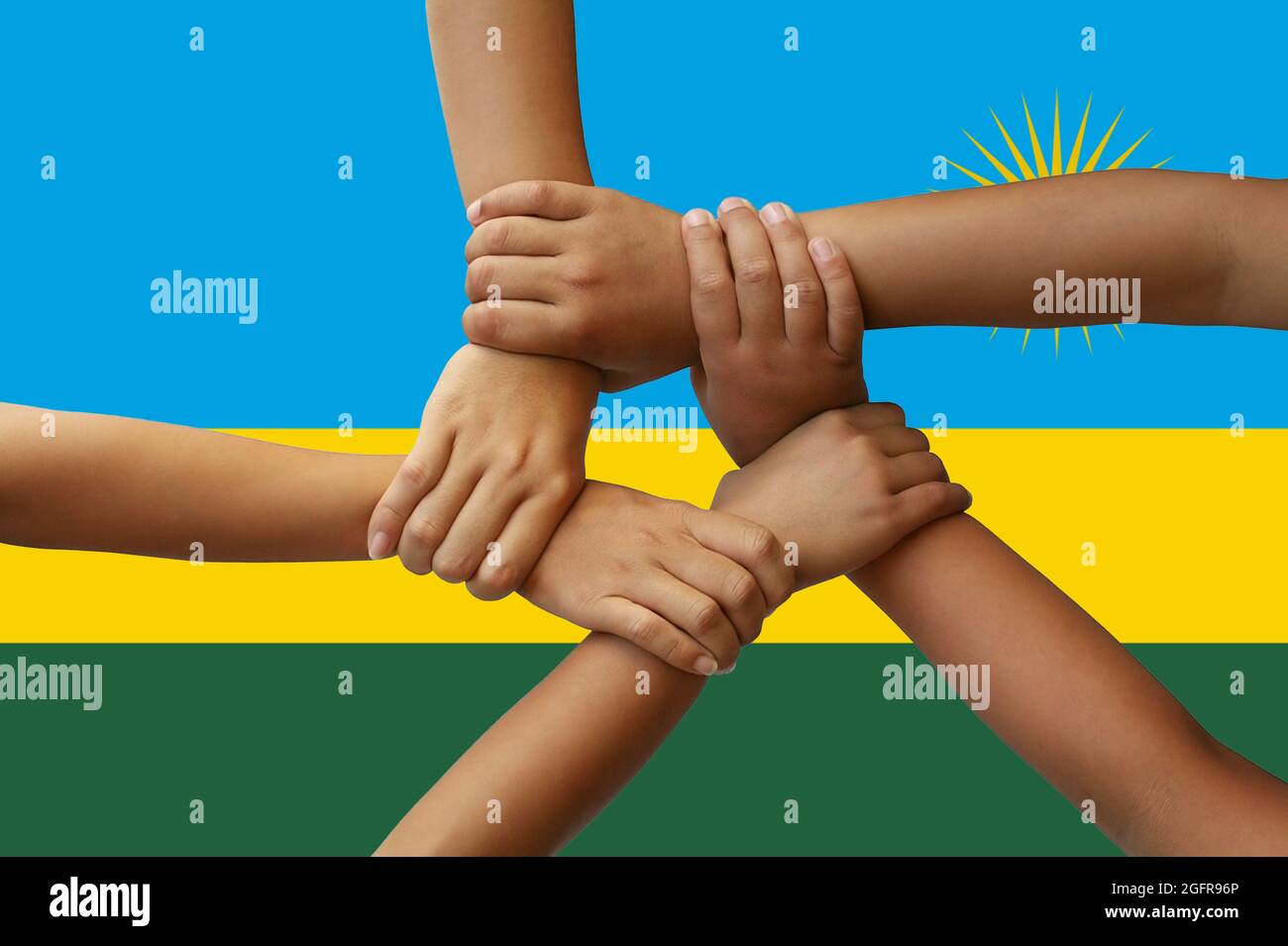 Flag of Rwanda, intergration of a multicultural group of young people ...