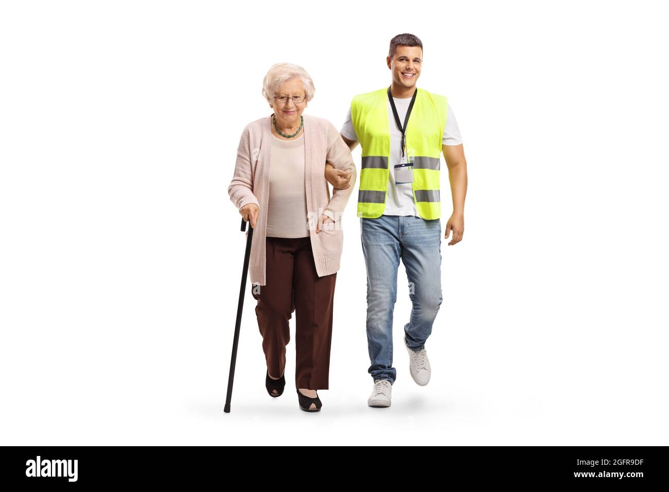 Full length portrait of a community worker helping an elderly lady ...
