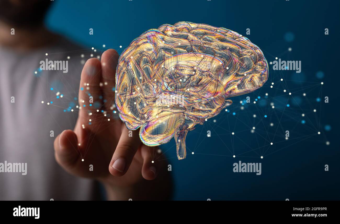 Person presenting the virtual projection of the human brain surrounded ...