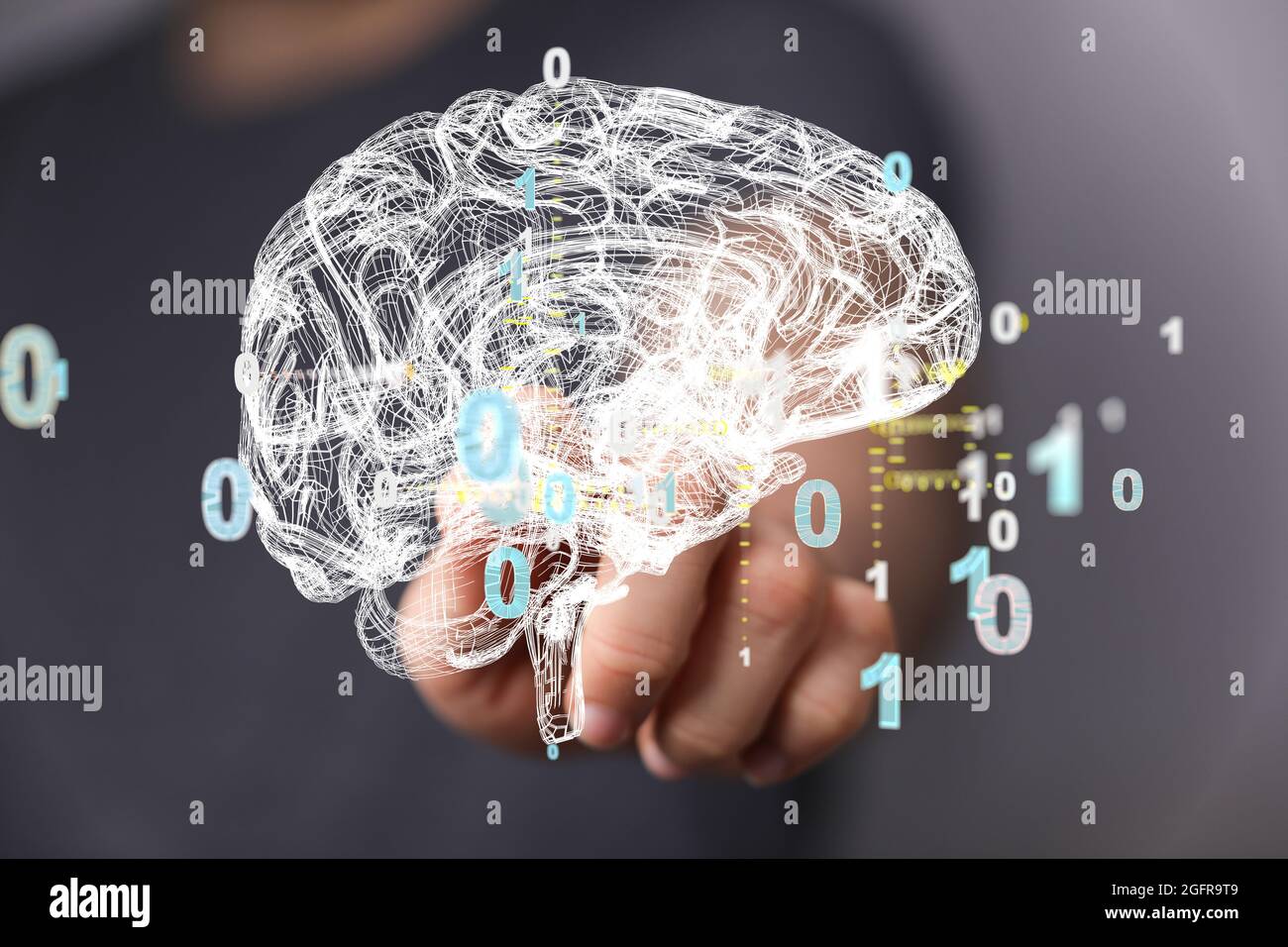 Person presenting the virtual projection of the human brain surrounded ...