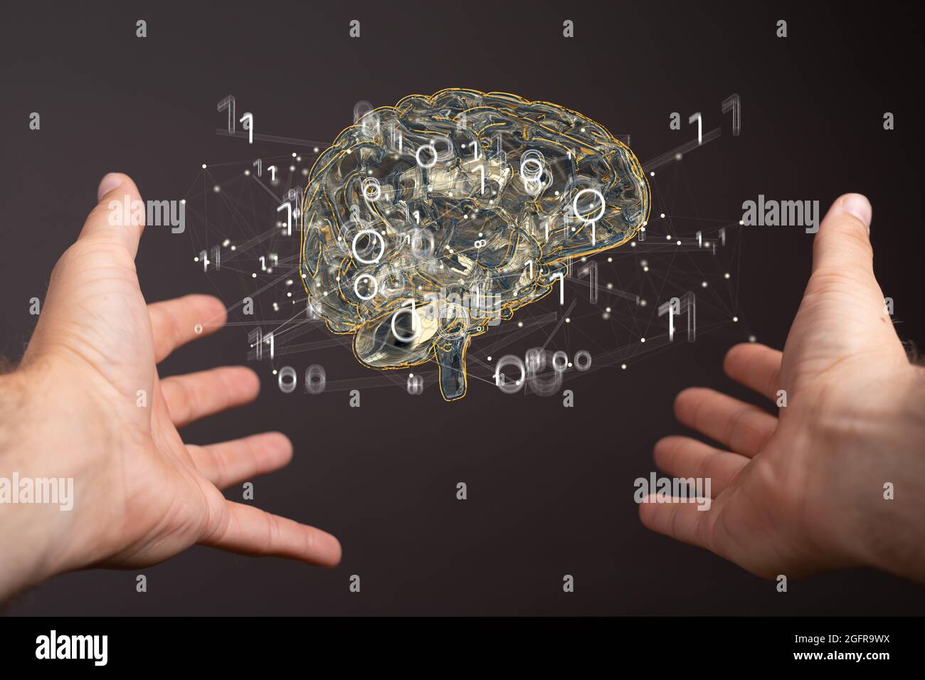 Person presenting the virtual projection of the human brain surrounded ...