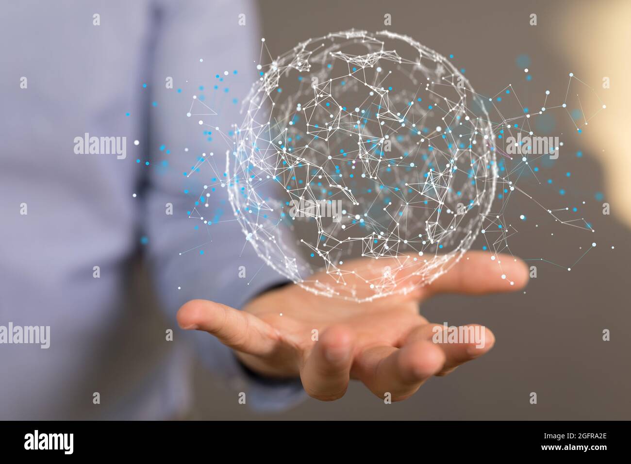 Person presenting the virtual projection of global network Stock Photo ...