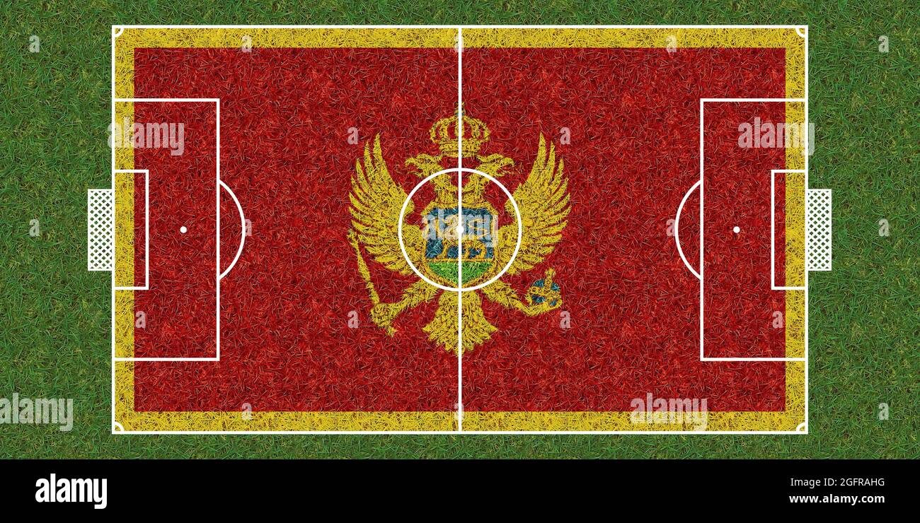 Top view of Green grass soccer field with flag of Montenegro. football ...
