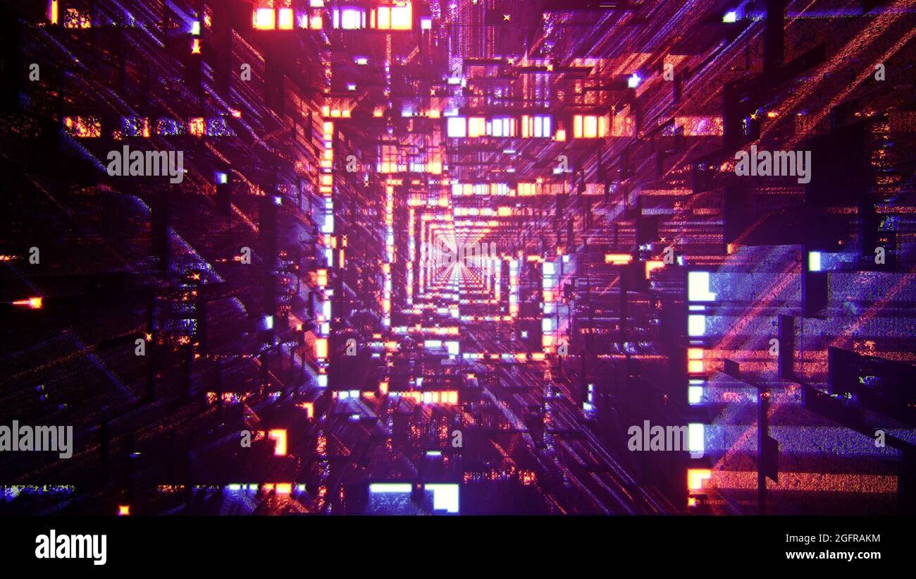 3D rendering of distorted square hallway with colorful neon lights ...