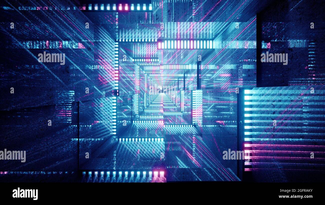 3D rendering of distorted square hallway with colorful neon lights ...