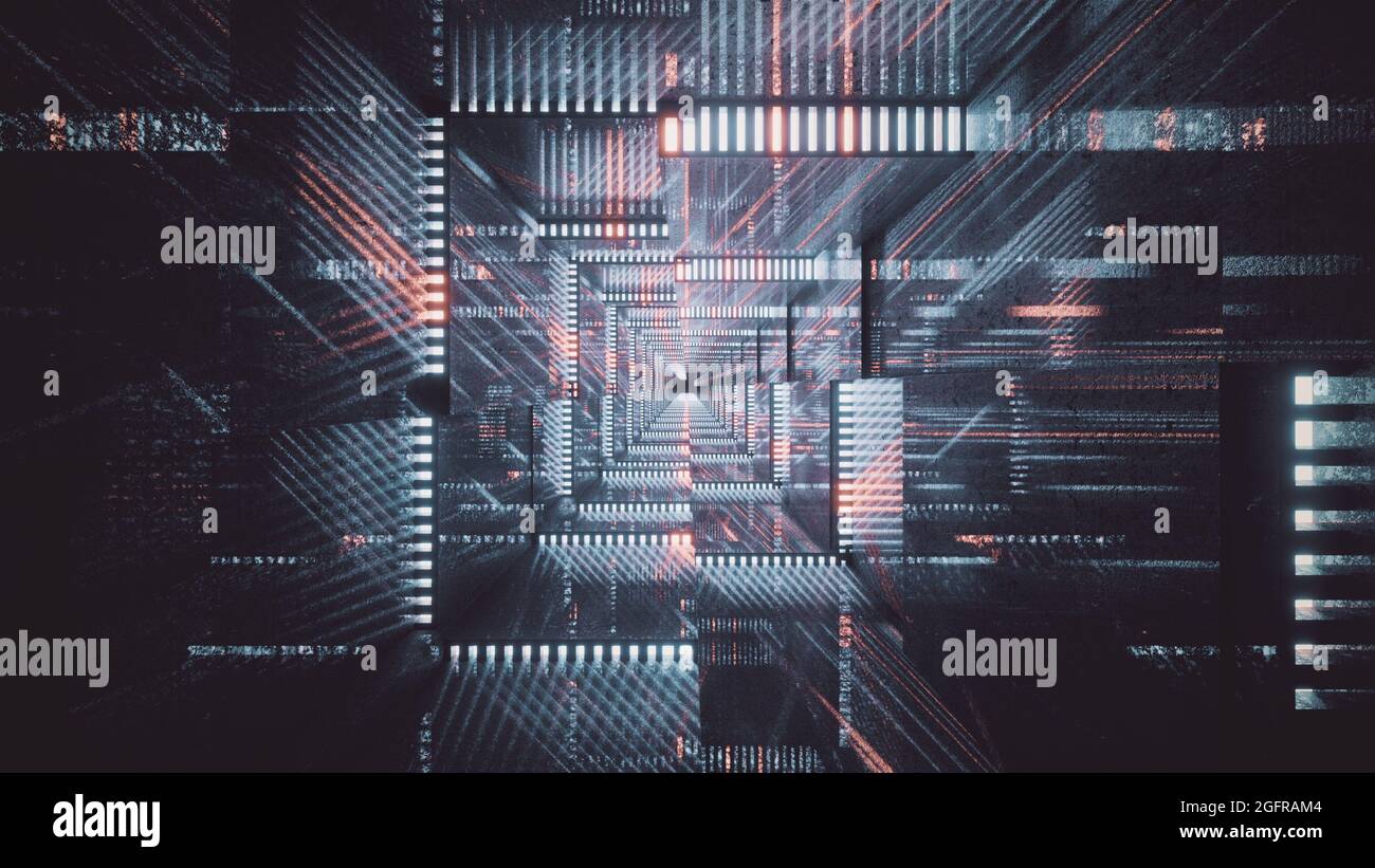 3D rendering of distorted square hallway with colorful neon lights ...