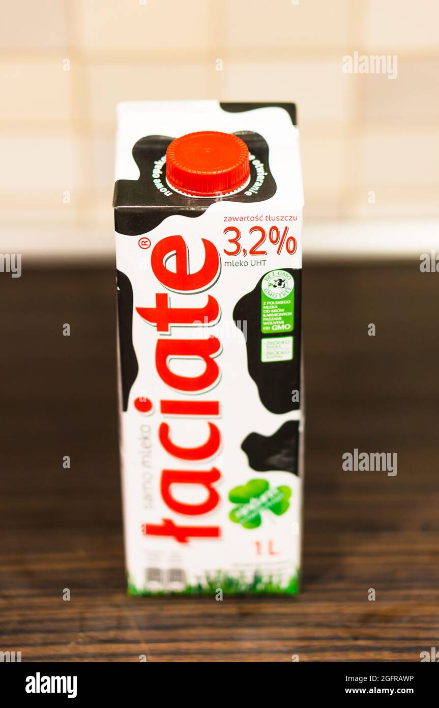 POZNAN, POLAND - Aug 10, 2021: A vertical shot of a Polish Laciate milk ...