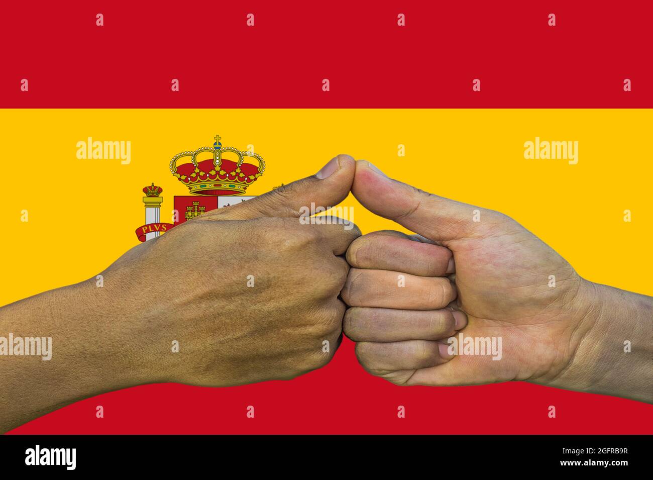spain flag, intergration of a multicultural group of young people Stock ...