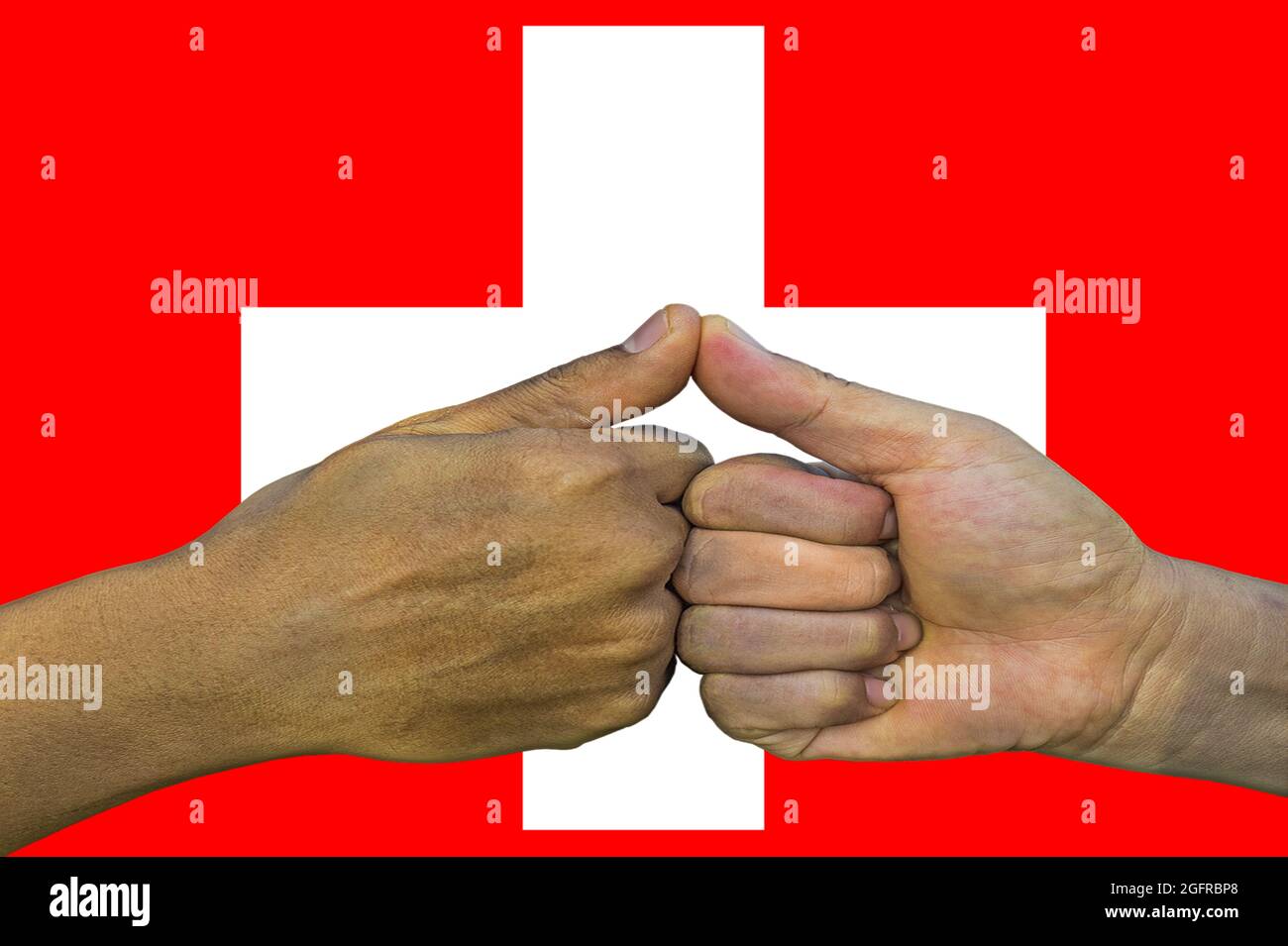 Switzerland flag, intergration of a multicultural group of young people ...