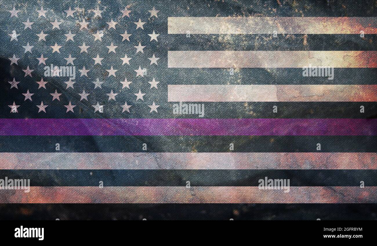 Top view of retro Purple Line USA flag with grunge texture, no flagpole ...
