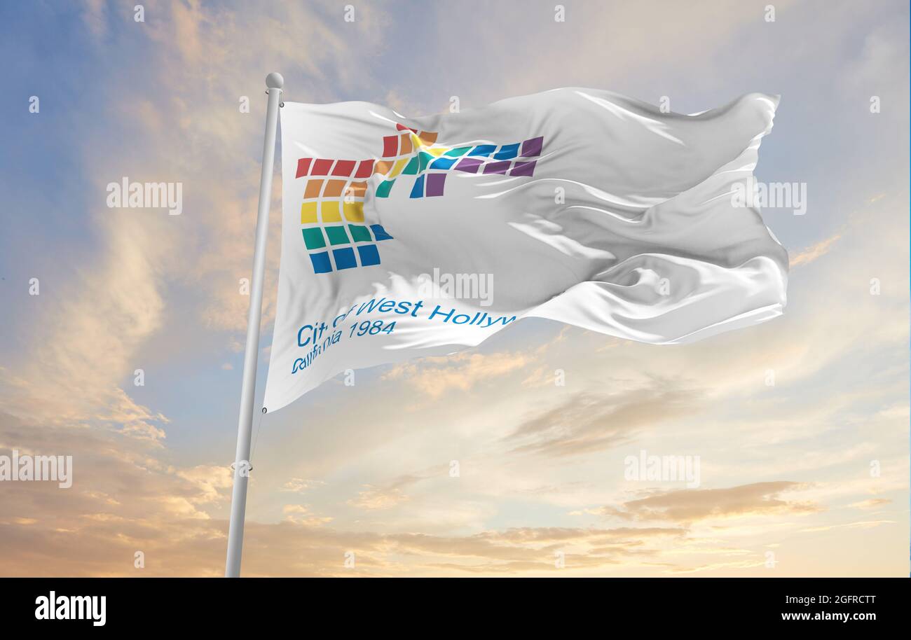 flag of West Hollywood, California at cloudy sky background on sunset ...