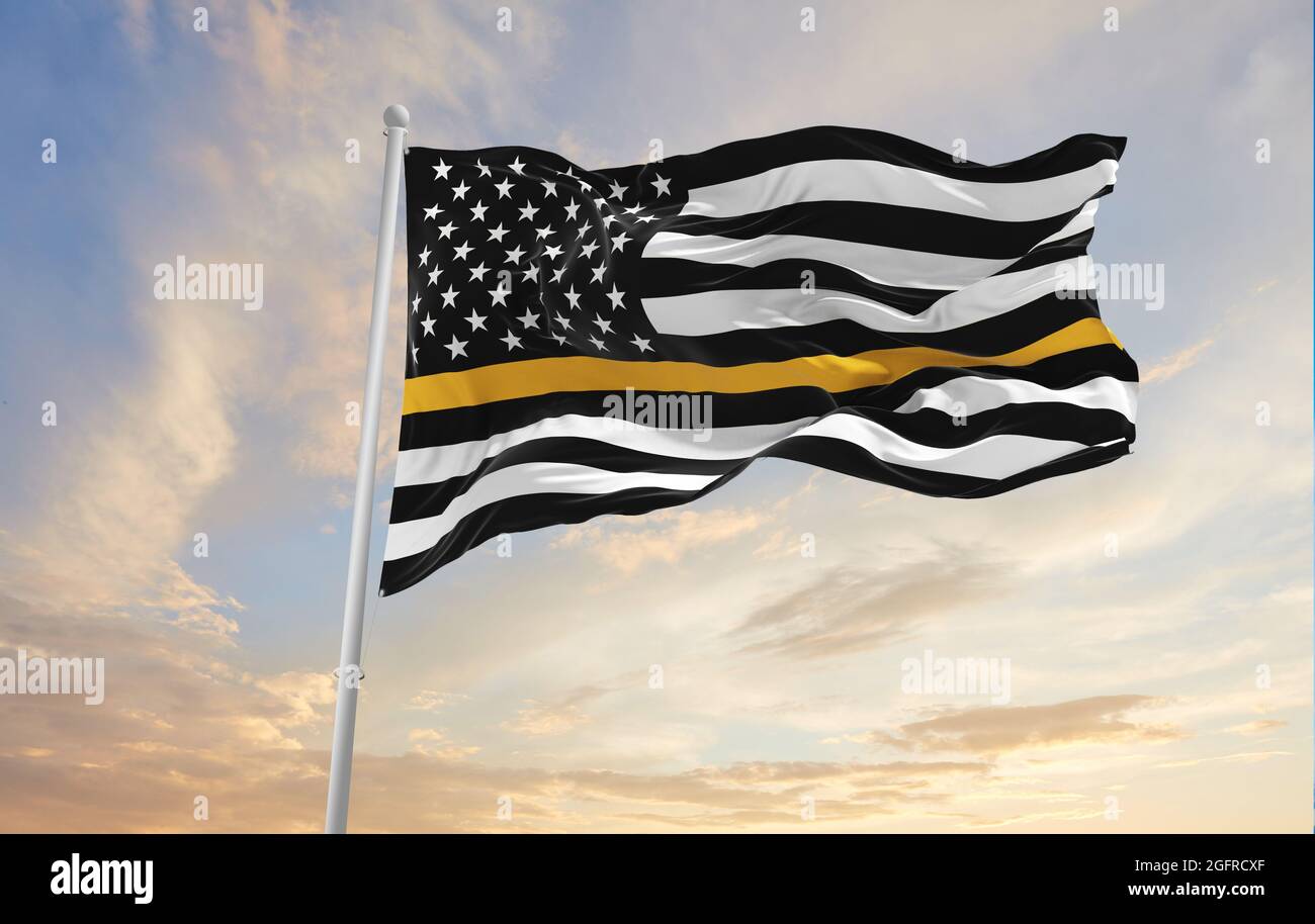 Thin Yellow Line flag waving. panoramic view. copy space for wide ...