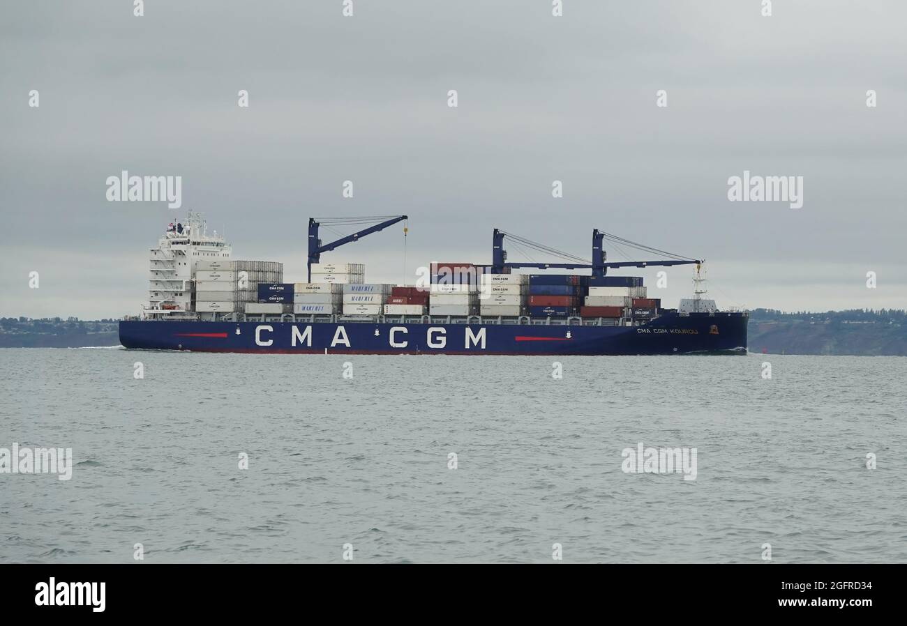 SOUTHEND, UNITED KINGDOM - Jun 19, 2021: A container ship MV CMA CGM ...