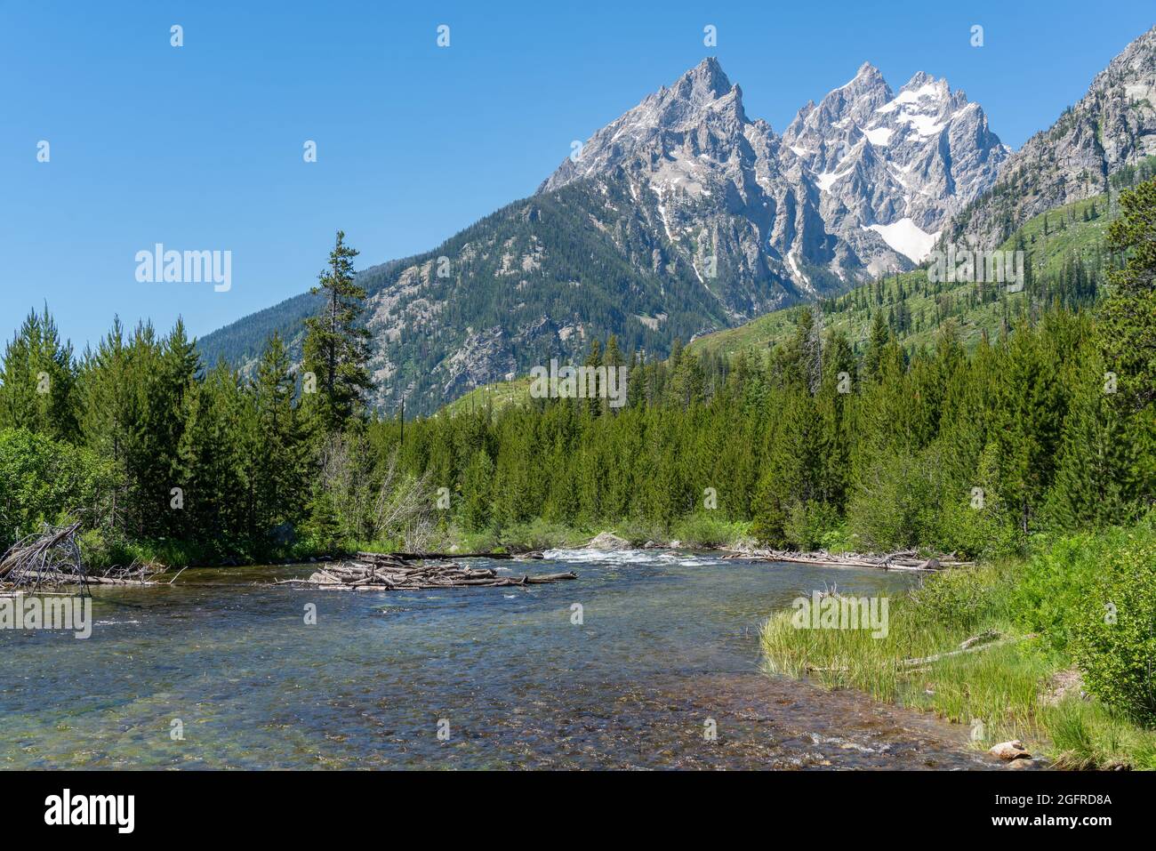 High angle shot of Leigh Lake in Grand Teton National Park in the USA ...