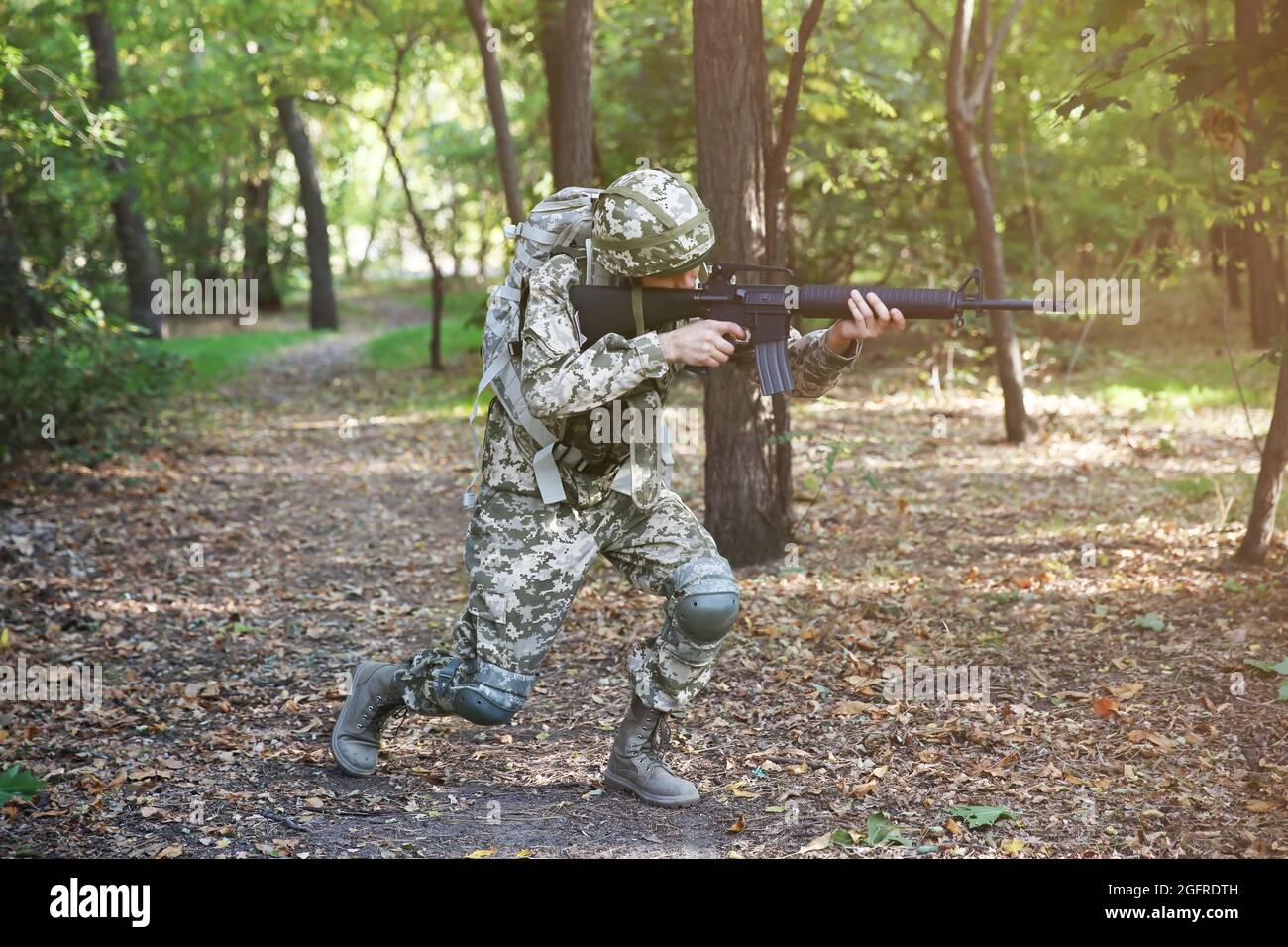Soldier during military manoeuvre in forest Stock Photo - Alamy
