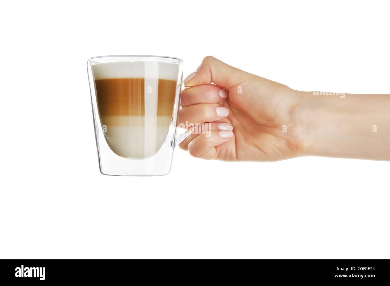 Female hand holding cup of fresh coffee on white background Stock Photo ...