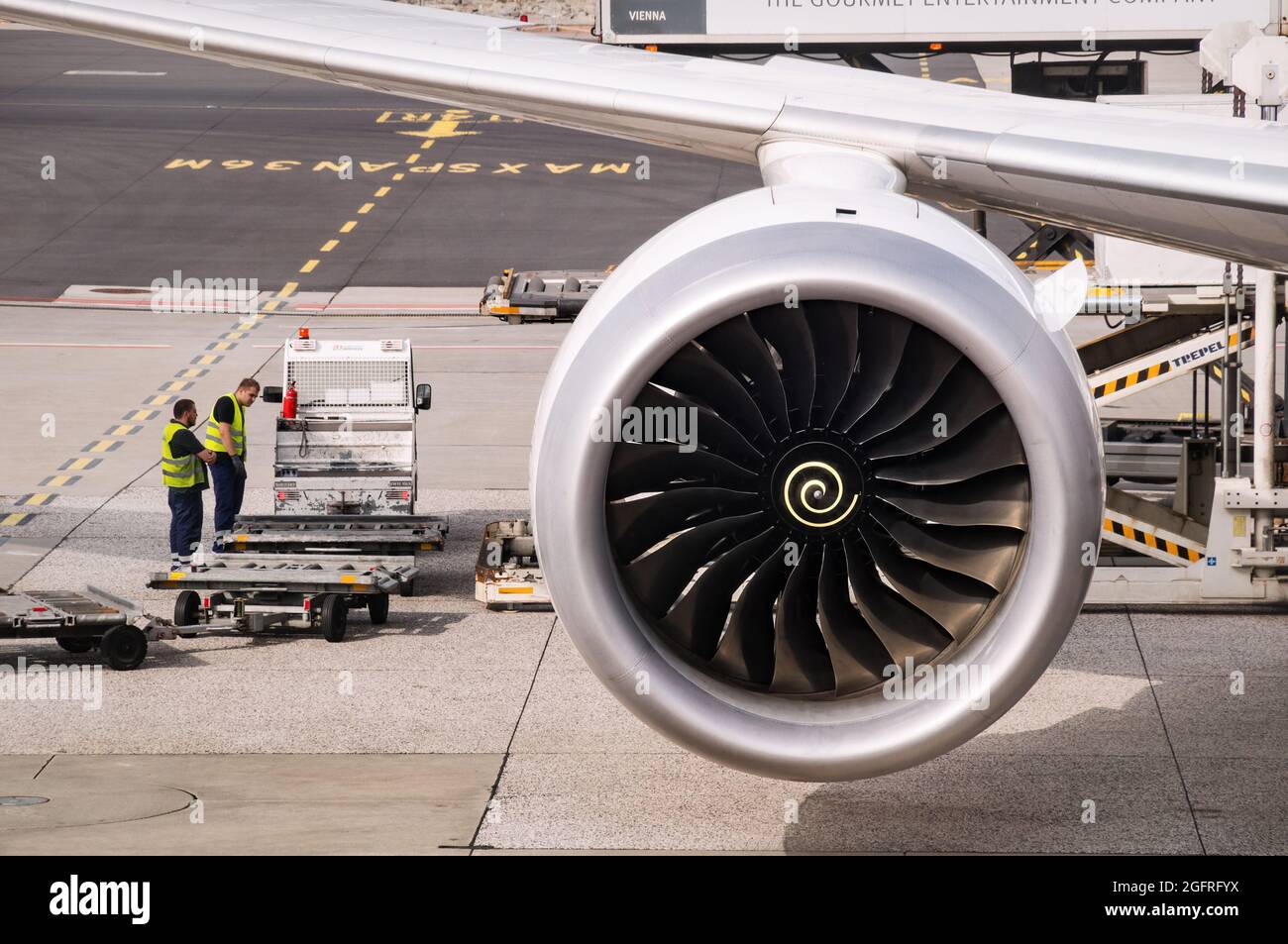 WARSAW, POLAND - 07 14 2021: Close-up image of the jet engine of Boeing ...