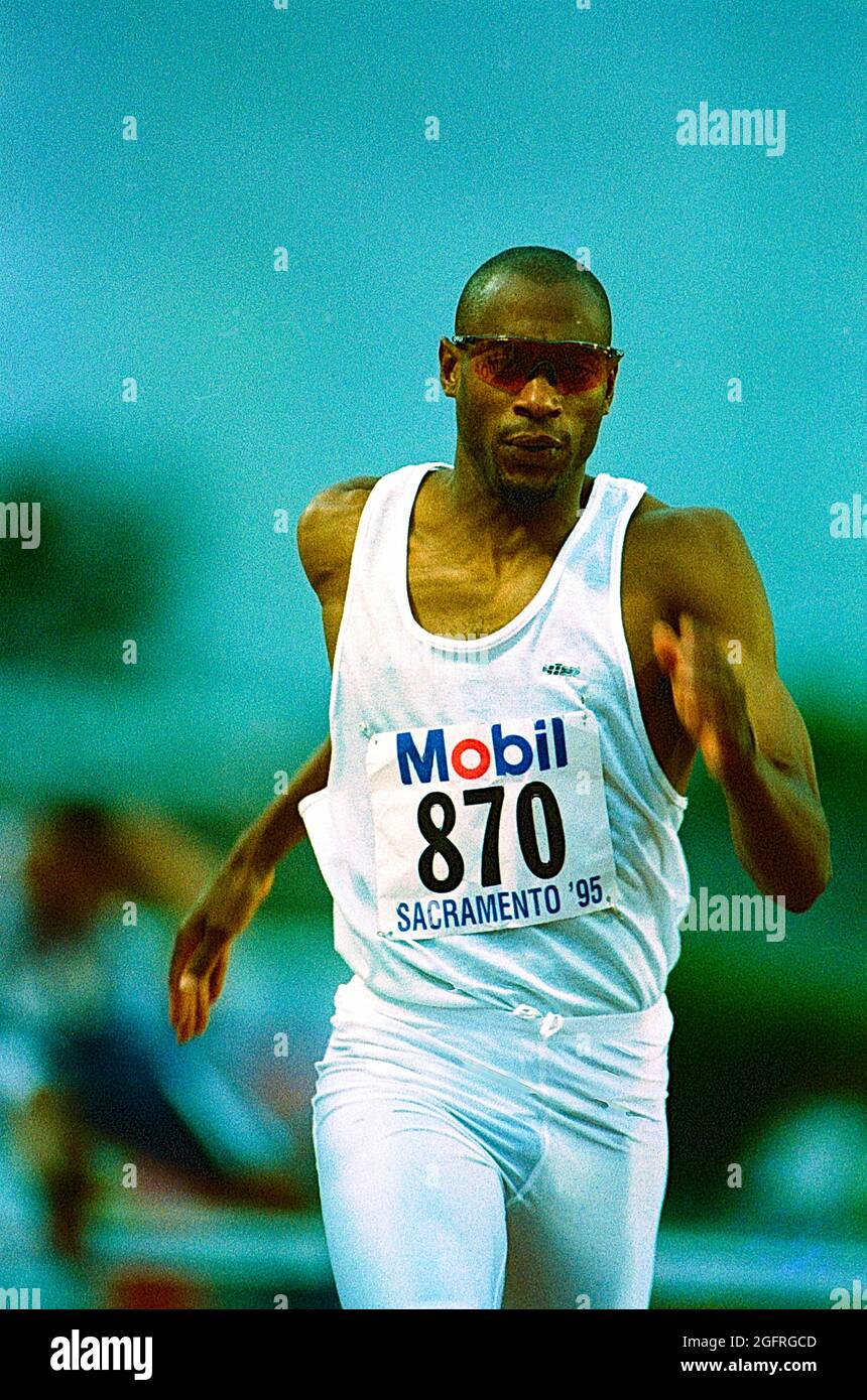 Kevin Young (USA) competing in the 400 meter hurdles at the 1995 USA ...