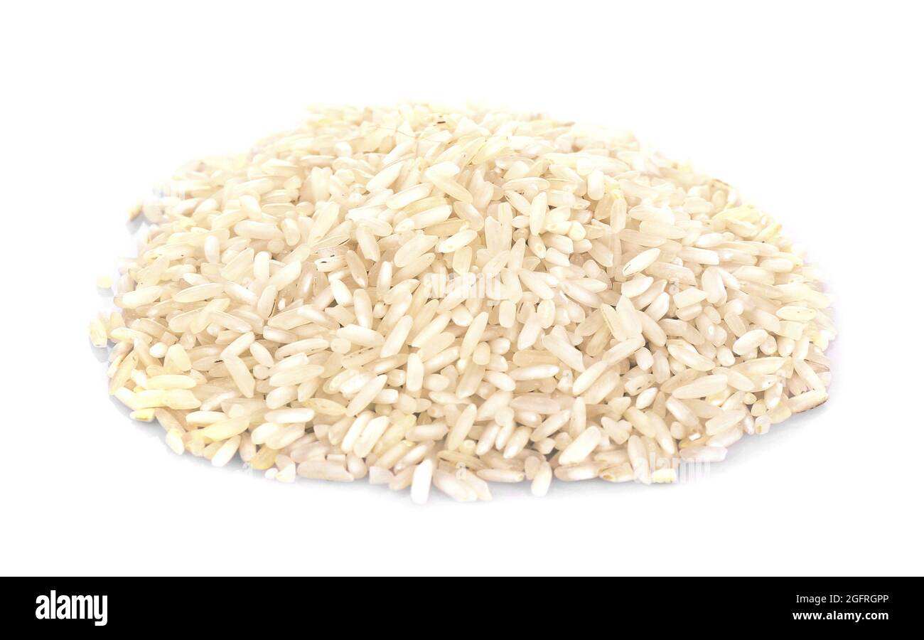 Pile of long grain rice on white background Stock Photo - Alamy