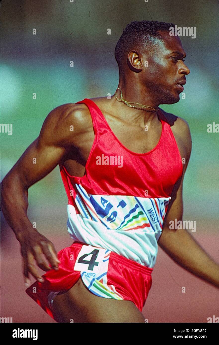 Kevin Young (USA) competing in the 400 meter hurdles at the 1991 US ...