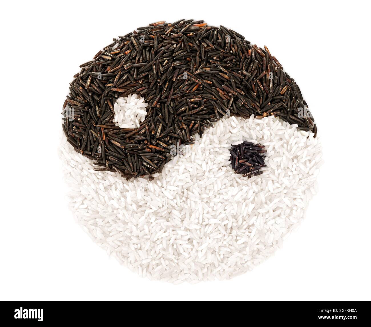 Yin Yang sign with dark wild and jasmine types of rice on white ...