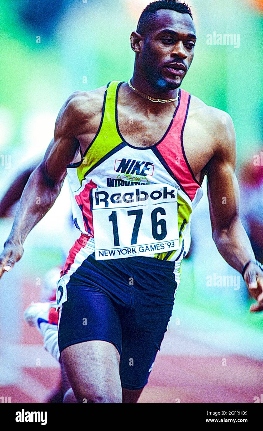 Kevin Young (USA) competing in the 400 meter hurdles at the 1993 New ...