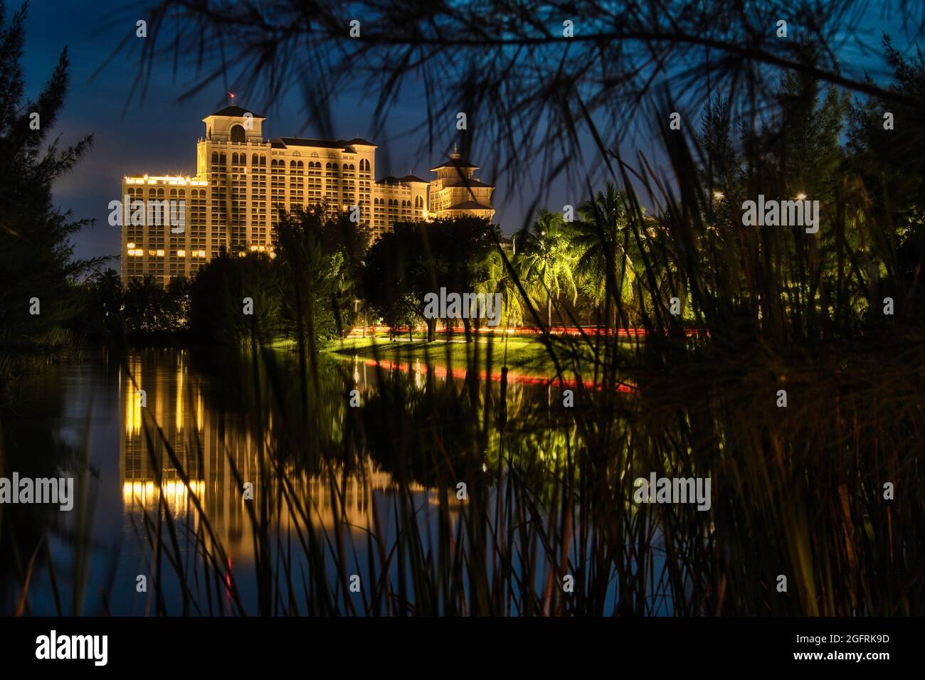 Baha Mar Resort Hotel in the Bahamas at night under a blue sky Stock ...