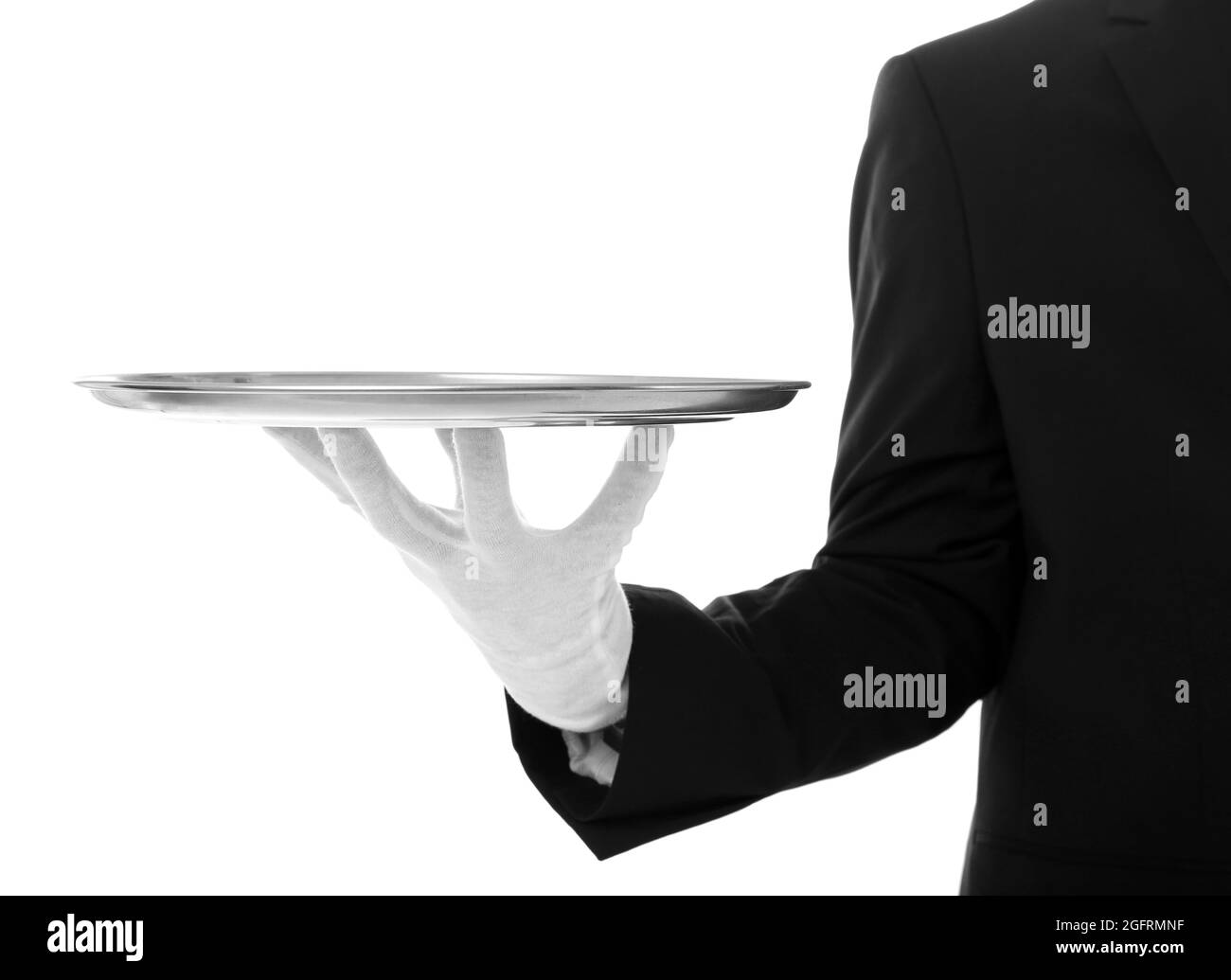 Waiter hand with tray on white background Stock Photo - Alamy