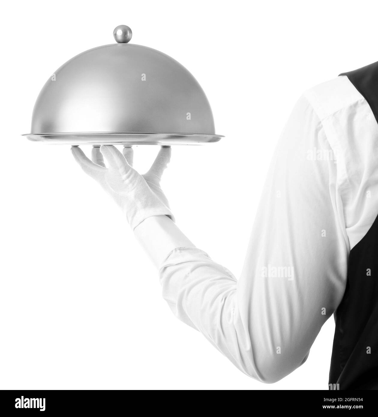 Waiter hand with cloche and tray on white background Stock Photo - Alamy