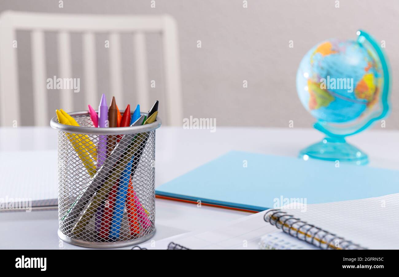 School stationery on desk Stock Photo - Alamy