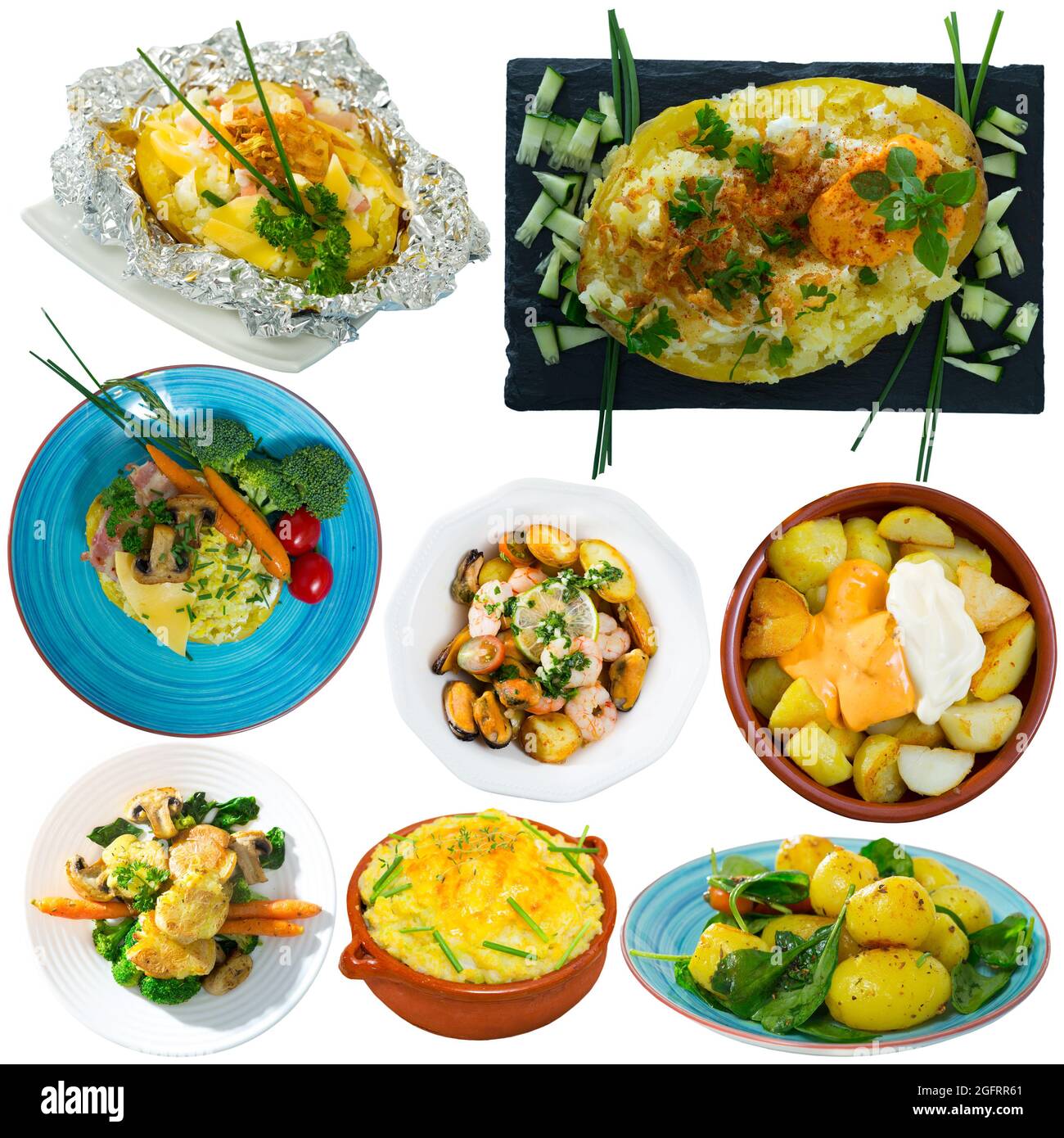 Collage of potato dishes isolated on white Stock Photo - Alamy