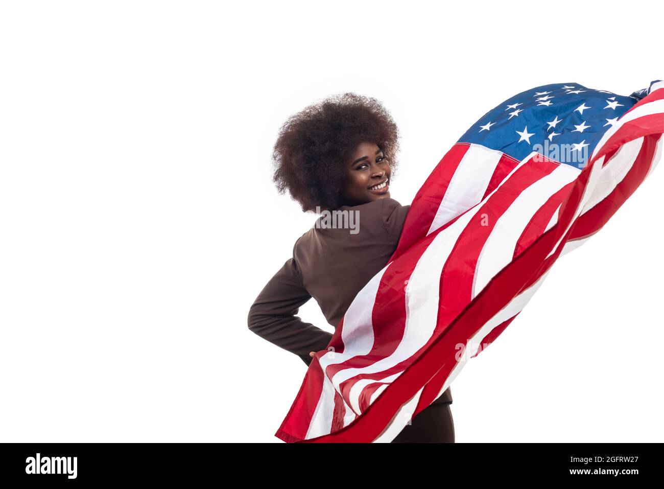young black adult business woman waving usa flag, smiling happy, on ...