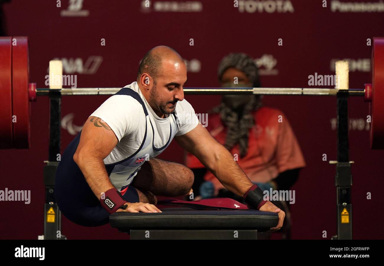 Great Britain's Ali Jawad almost falls from the bench before failing ...