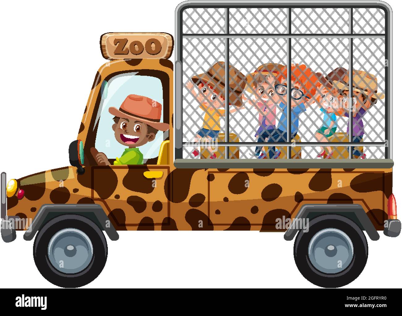 Zoo concept with children on tourist car isolated on white background ...