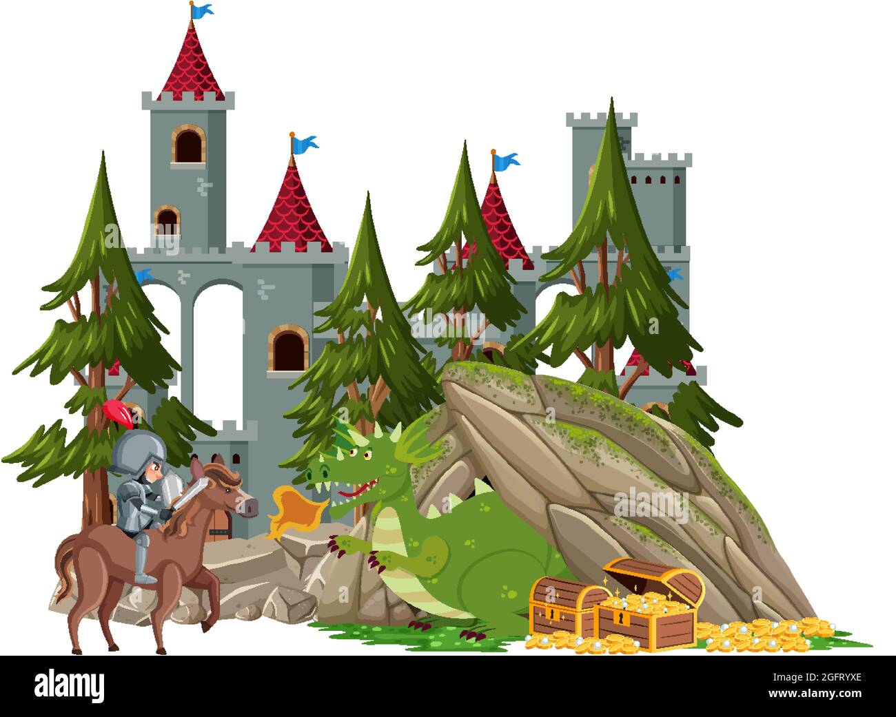 Knights fight with dragon at the castle illustration Stock Vector Image ...