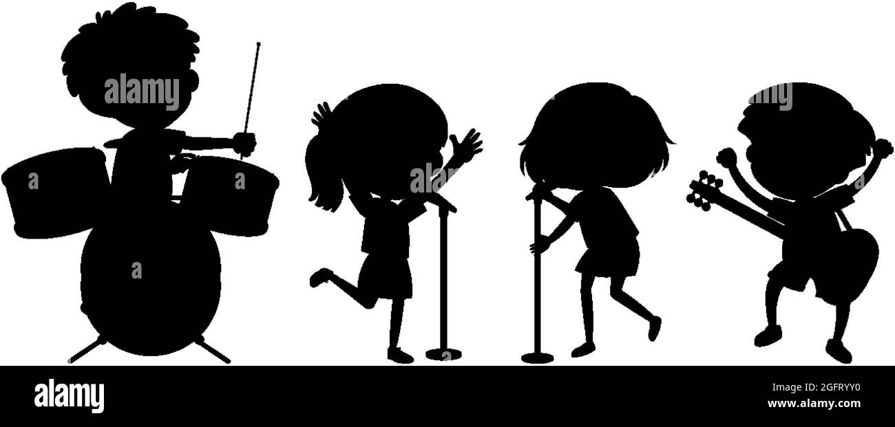 Set of different kids playing musical instruments silhouette ...