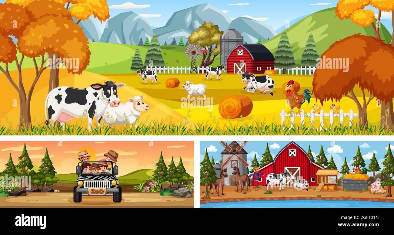 Outdoor panoramic landscape scenes set with cartoon character ...