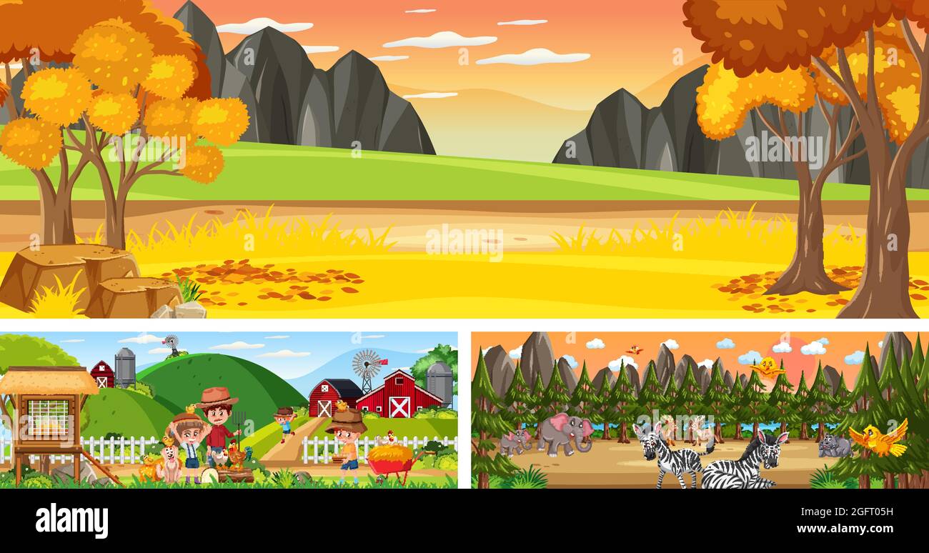 Set of outdoor panoramic landscape with cartoon character illustration ...