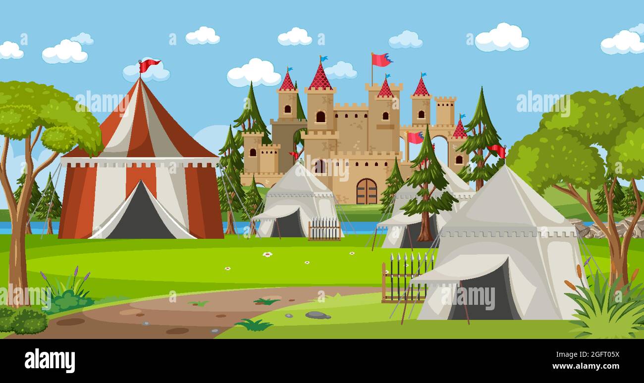 Military medieval camp with tents and castle illustration Stock Vector ...