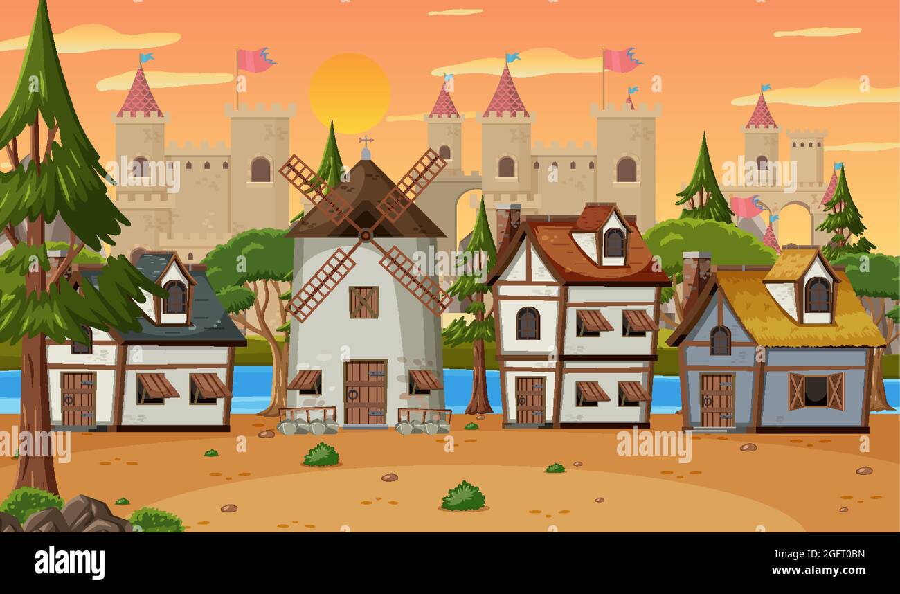 Medieval village scene with windmill and houses illustration Stock ...
