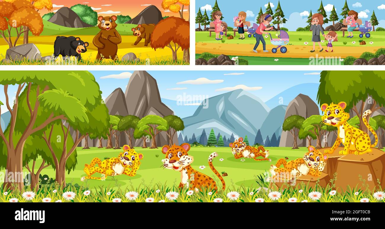 Set of outdoor panoramic landscape with cartoon character illustration ...