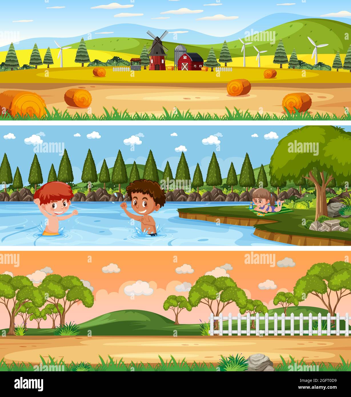Panoramic nature landscape scene set with cartoon character ...