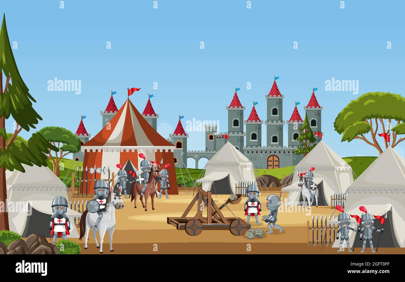 Military medieval camp with tents and weapons illustration Stock Vector ...